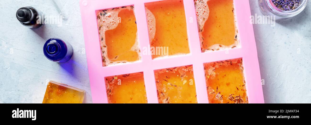 Handmade soap, the process of making, panoramic banner. Liquid glycerin ...