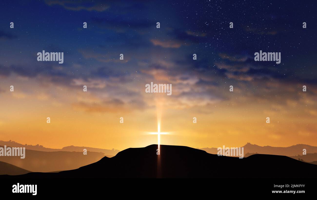 Bright cross on the hill with clouds moving on the starry sky Stock ...