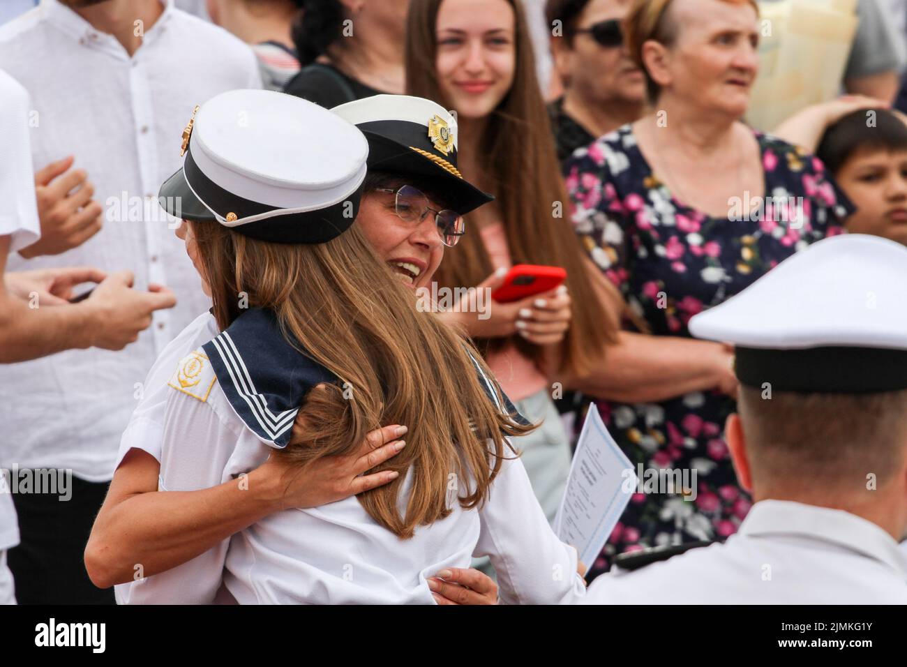 Odessa, Ukraine. 4th July, 2021. Graduate seen hugging her teacher ...