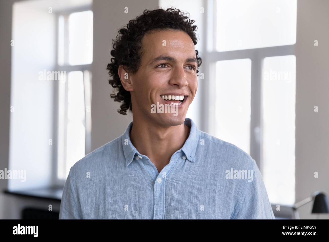 Head shot portrait handsome Hispanic businessman smile look aside Stock ...