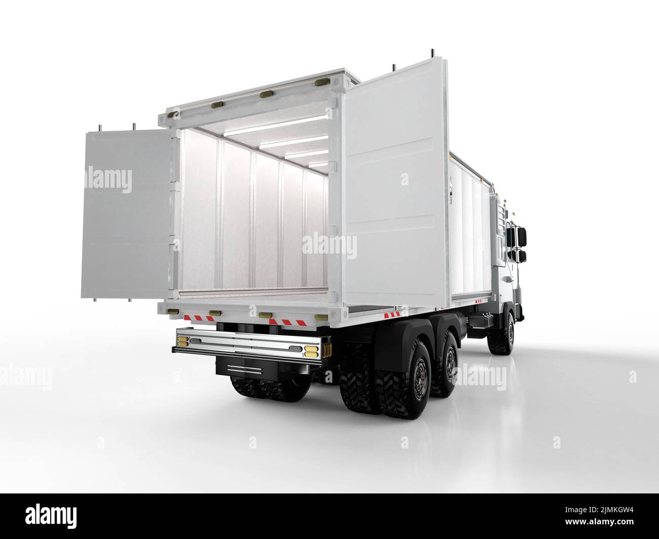 3d rendering logistic van trailer truck or lorry with container opened ...