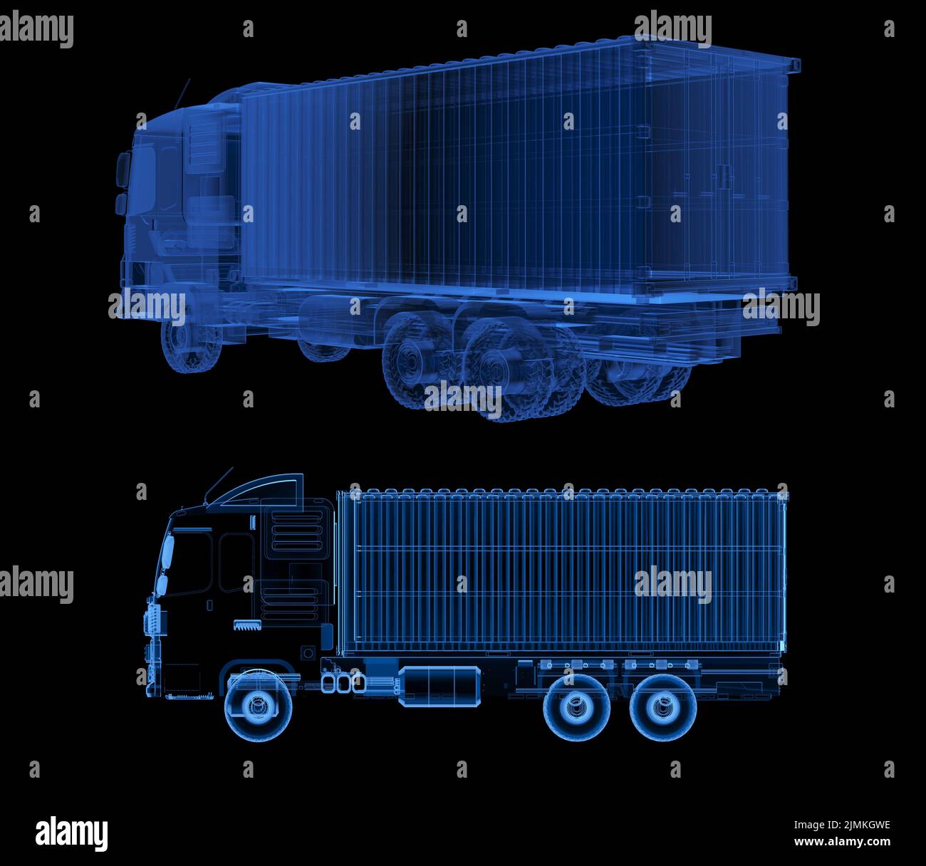 3d rendering x-ray logistic trailer truck or lorry on black background ...