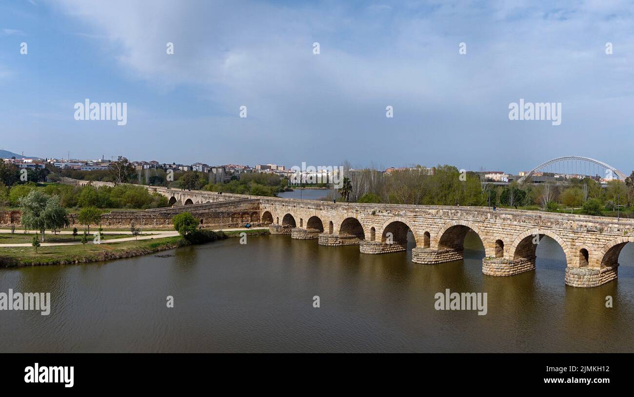 The ancient Roman bridge over the Guadiana River in downtown Merida ...