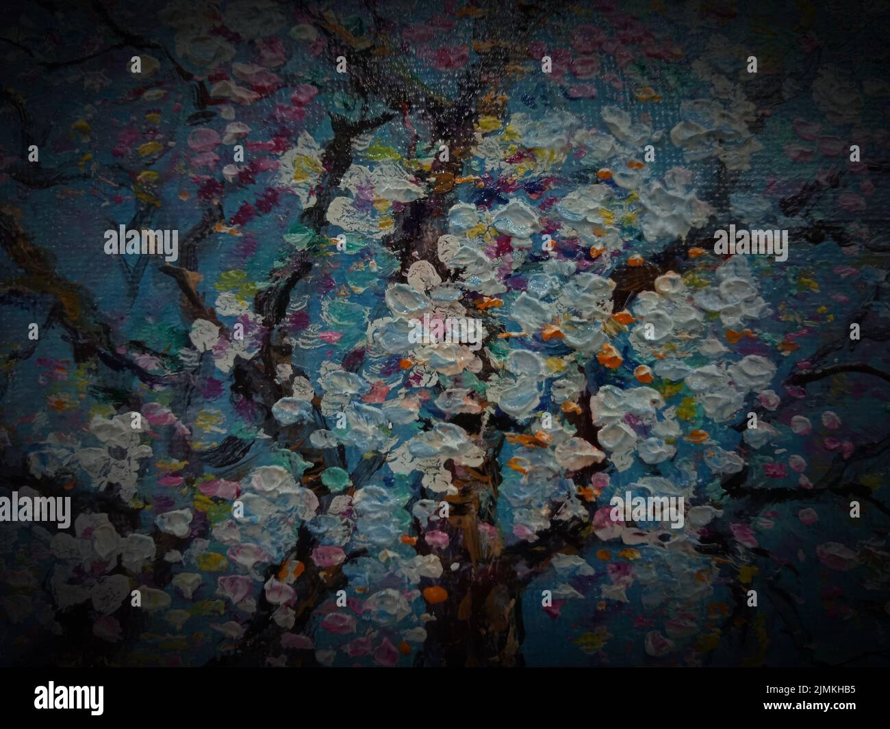 oil painting Pathway with trees and cherry blossom flowers in garden ...