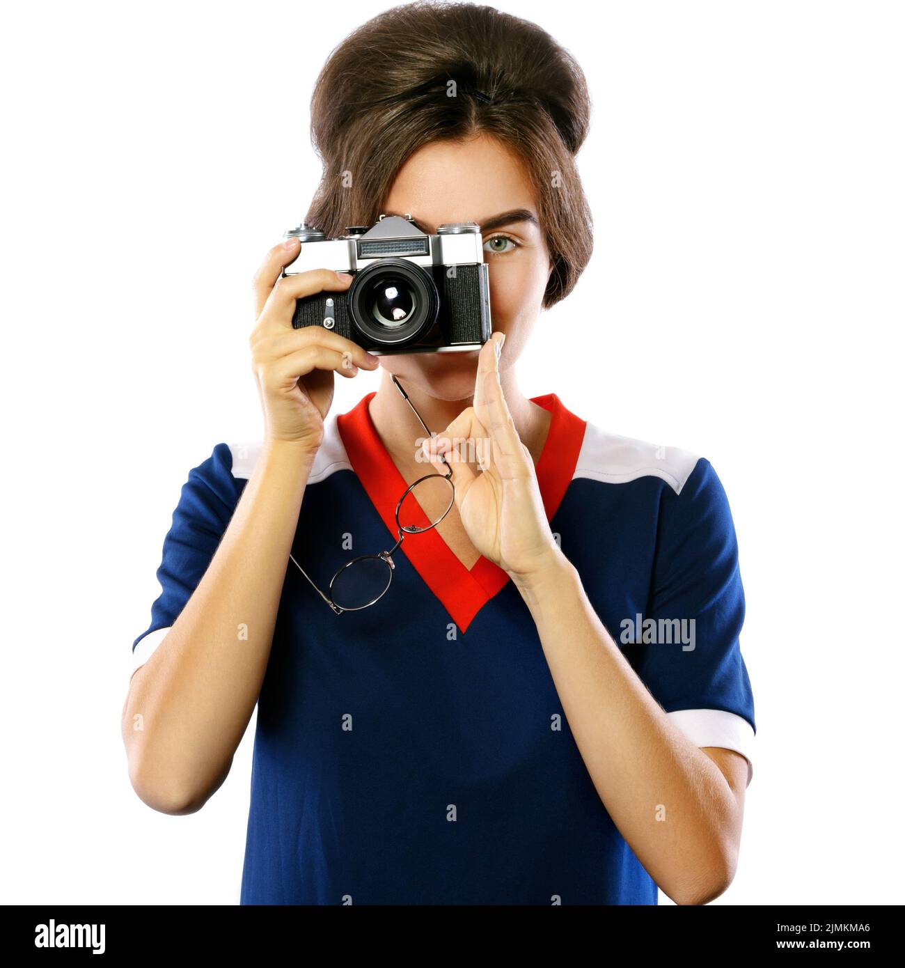Woman model in vintage look holding retro camera in her hands Stock ...