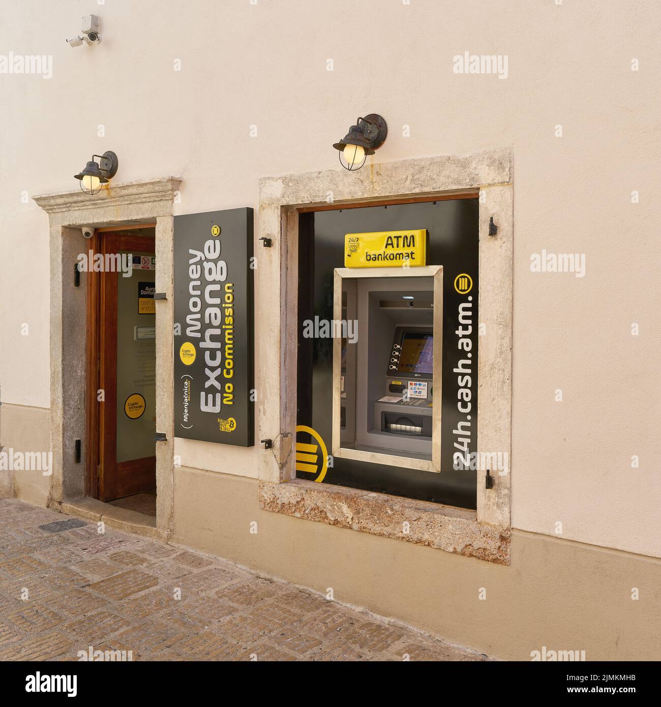 ATM and exchange office for tourists in the old town of Krk in Croatia ...