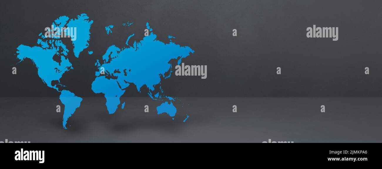 Blue world map on black concrete wall background. 3D illustration ...