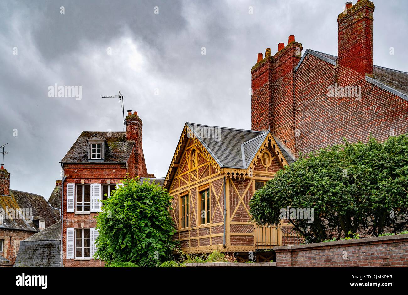 Typical architecture in the old town centre of Eu in the north of ...