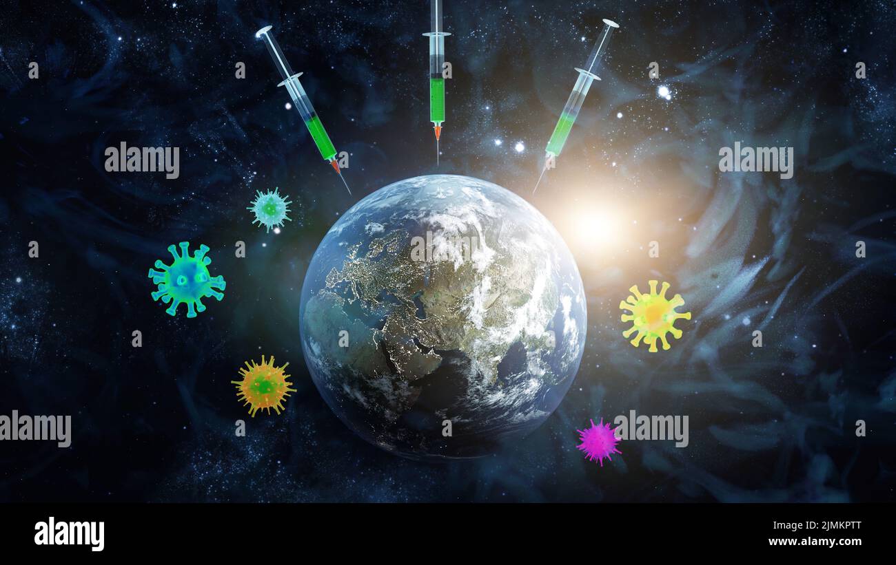 Medical syringe with a needle vaccinated the planet Earth. 3D rendering ...