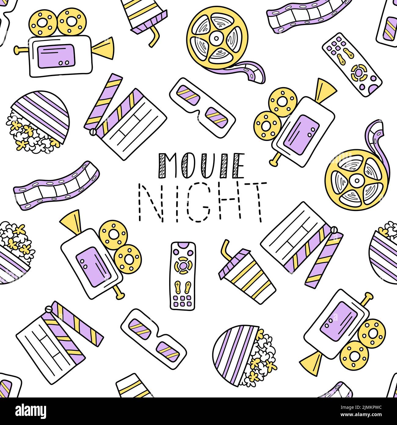 Cinema seamless pattern. Doodle hand drawn style. Cinema elements for ...