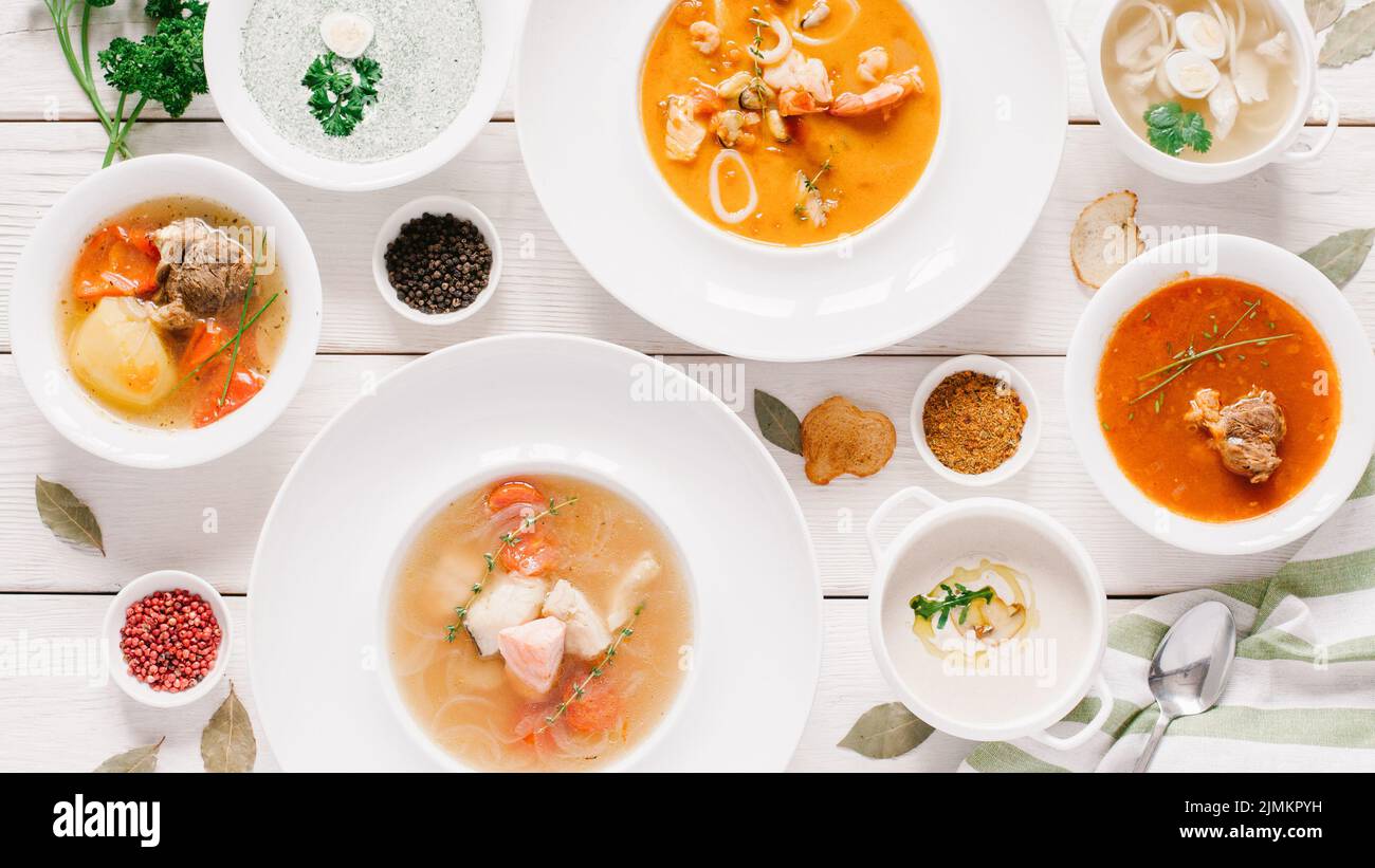 restaurant menu plates soup assortment table Stock Photo - Alamy