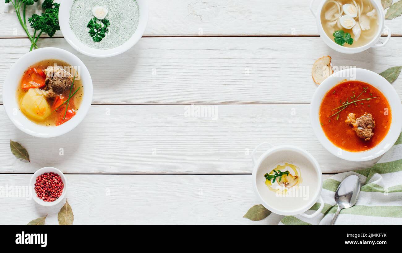 catering service plates soup assortment table Stock Photo - Alamy