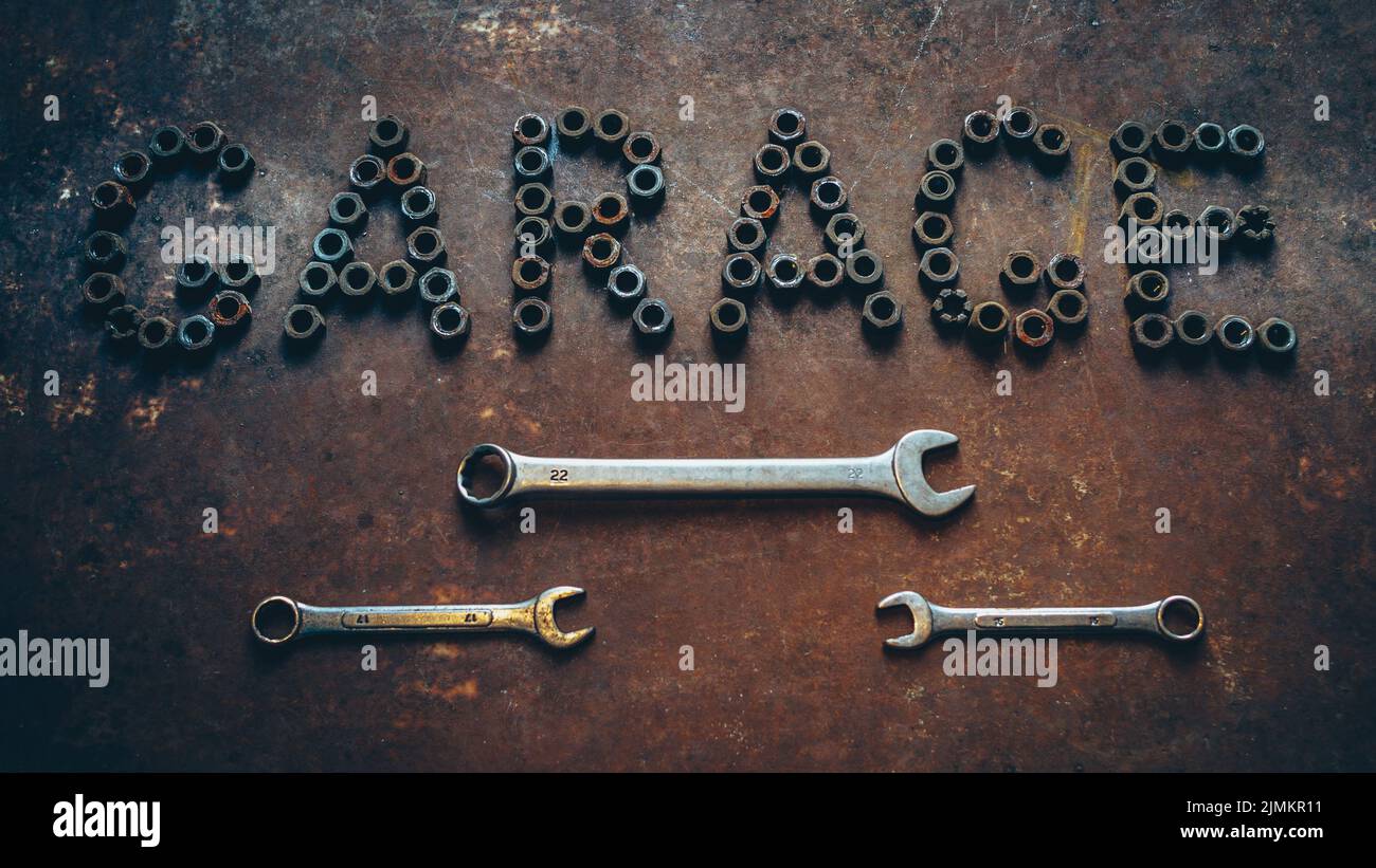 garage essential tools nuts wrench set rusty Stock Photo - Alamy
