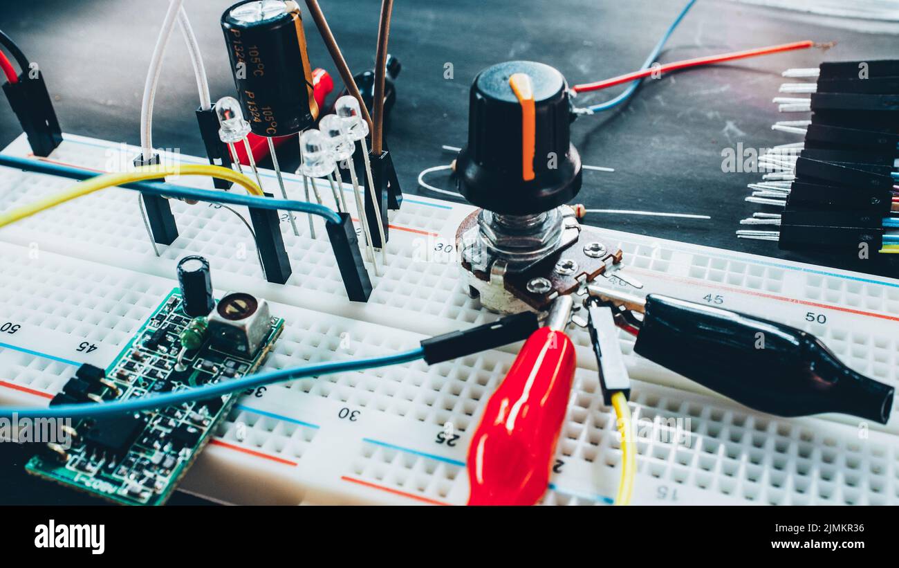 electronic science engineering breadboard wires Stock Photo - Alamy