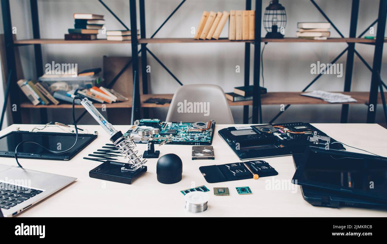 technical science engineer workplace laptop tools Stock Photo - Alamy