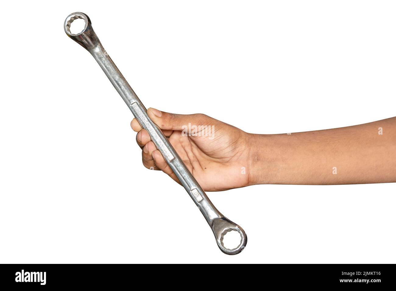 Hand of car mechanic with a wrench. Isolated over white background ...