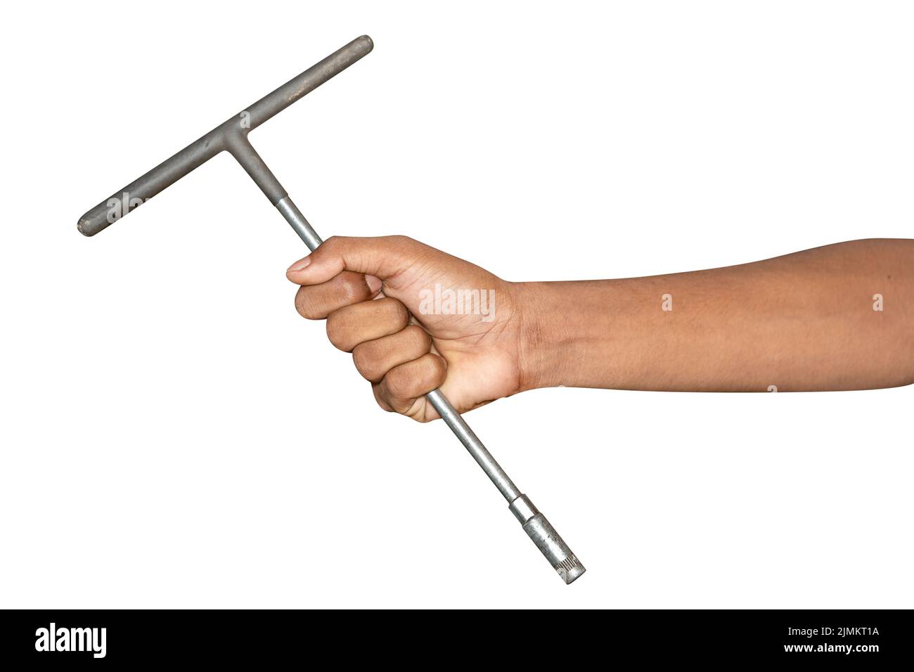 Hand of car mechanic with a wrench. Isolated over white background ...