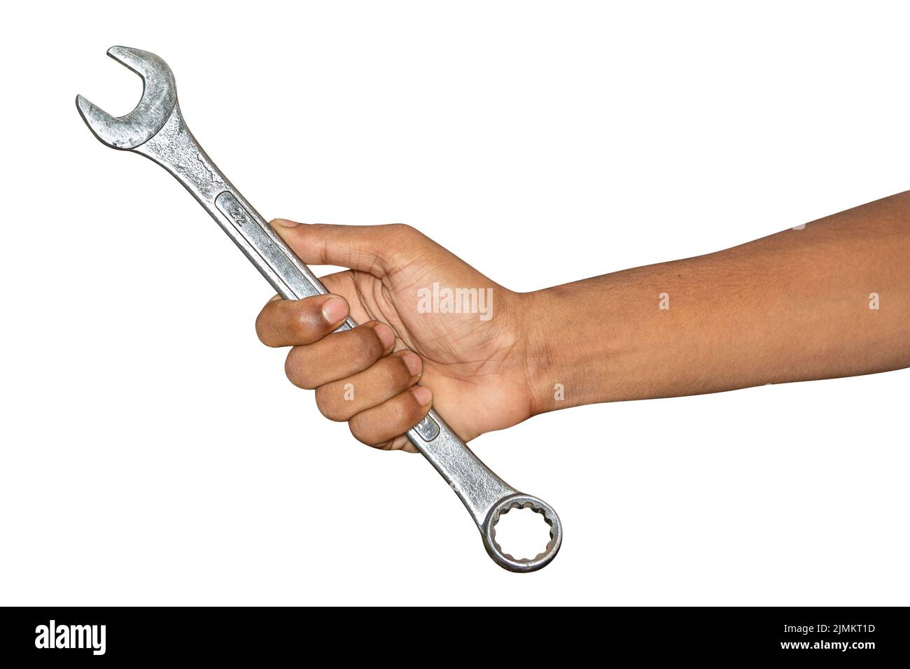 Hand of car mechanic with a wrench. Isolated over white background ...