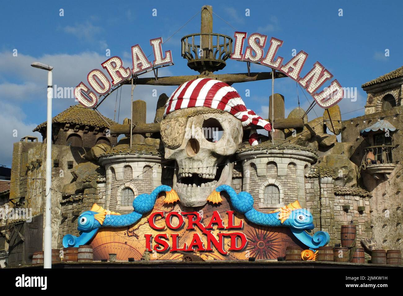 Pirate themed sign above the coral island fun park and casino in ...