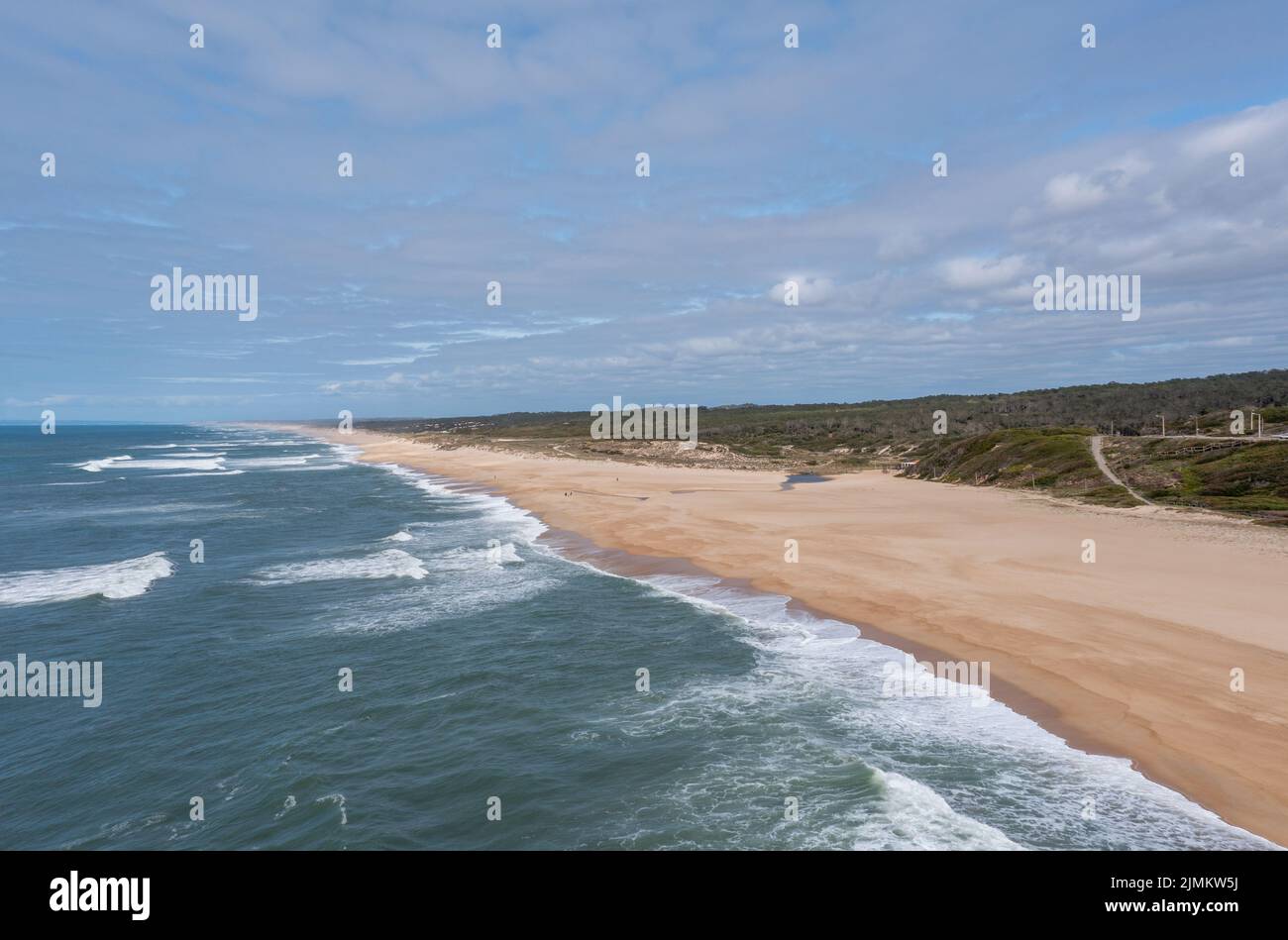 Drone view of a wide empty and endless golden sand beach with high sand ...