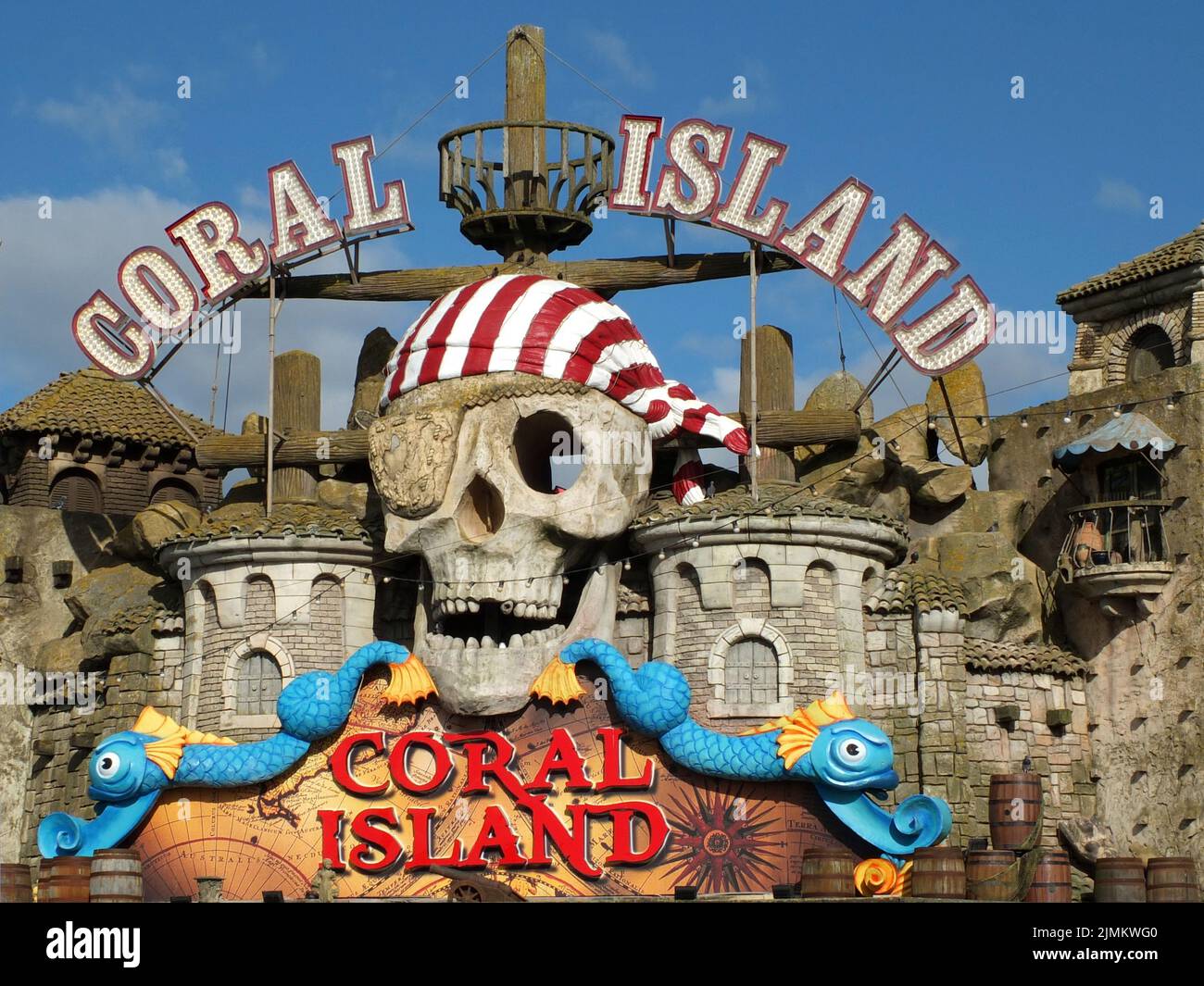 Pirate themed sign above the coral island fun park and casino in ...