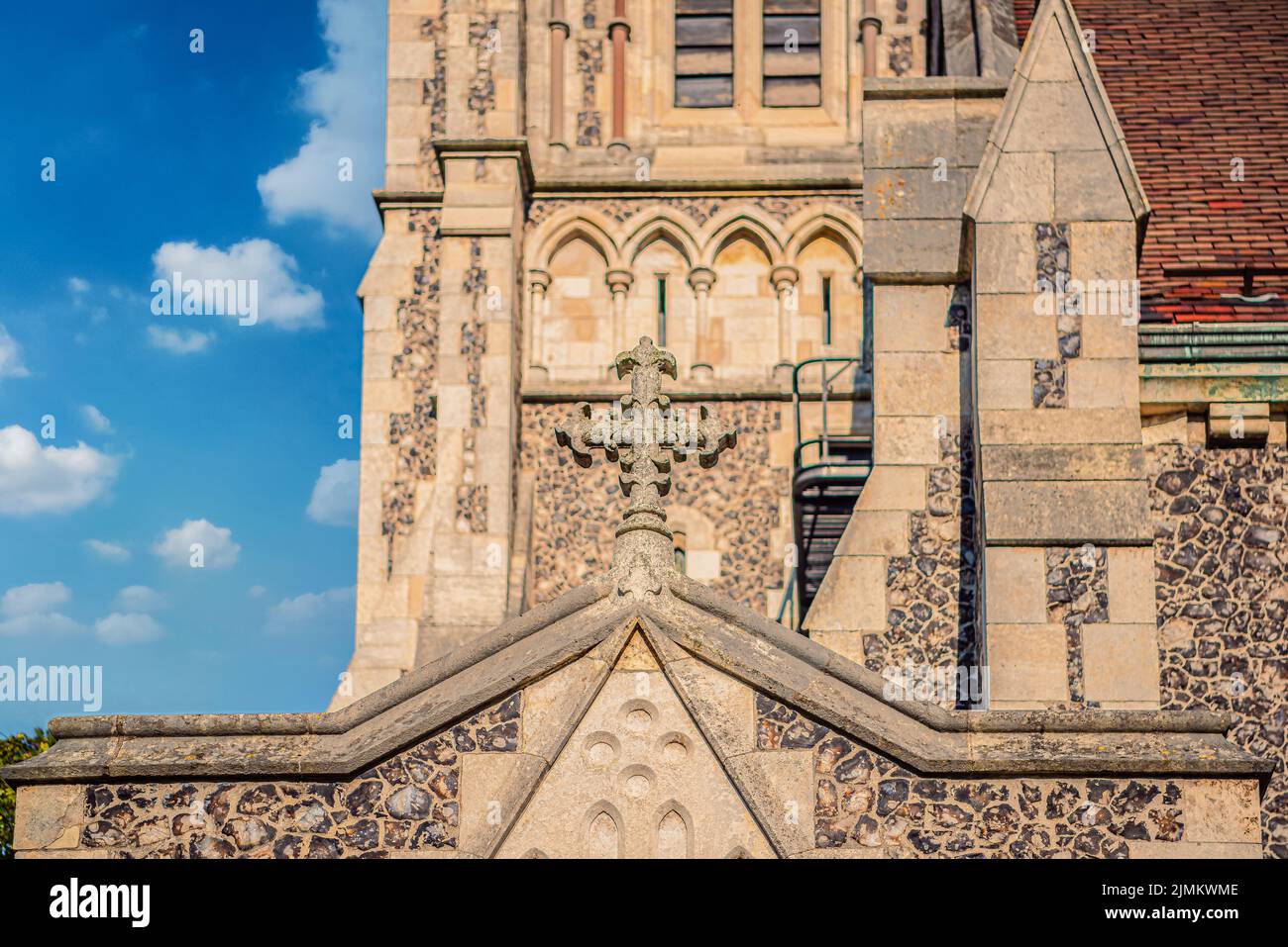 Religious cross on the facade of the St. Albans Church, Copenhagen ...