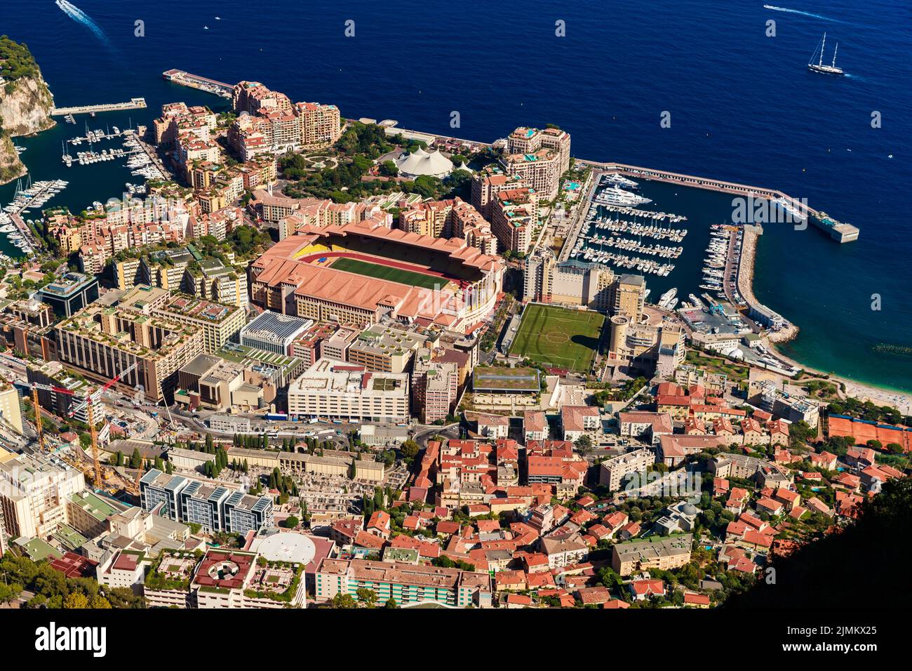 Aerial view of port Cap Dail at sunset, France, a lot of boats are ...