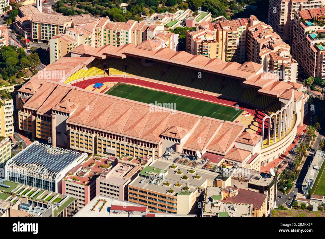 Aerial view of stadium of Monaco at sunset, view from mountain La ...
