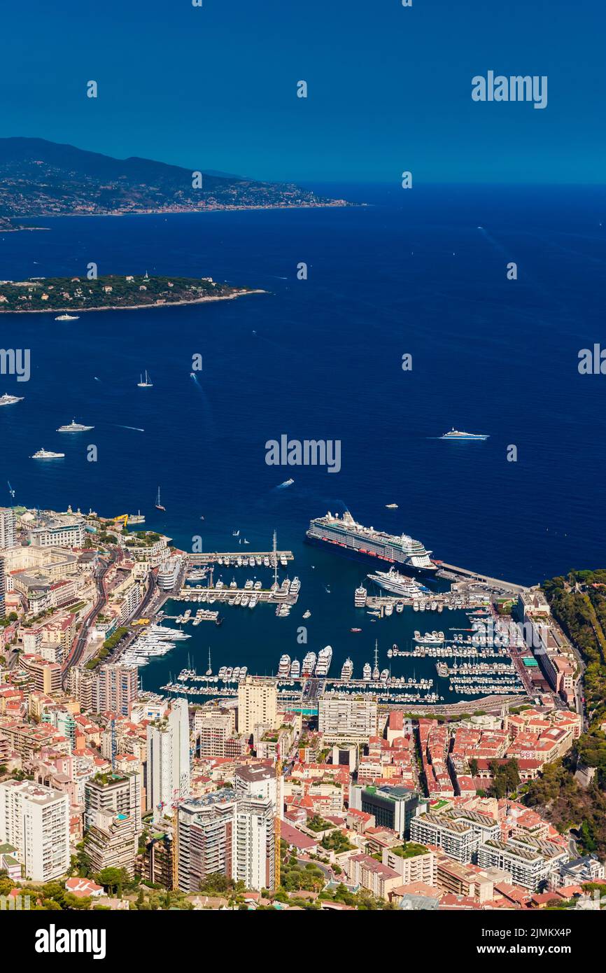 Aerial view of port Hercules of Monaco at sunset, Monte-Carlo, huge ...