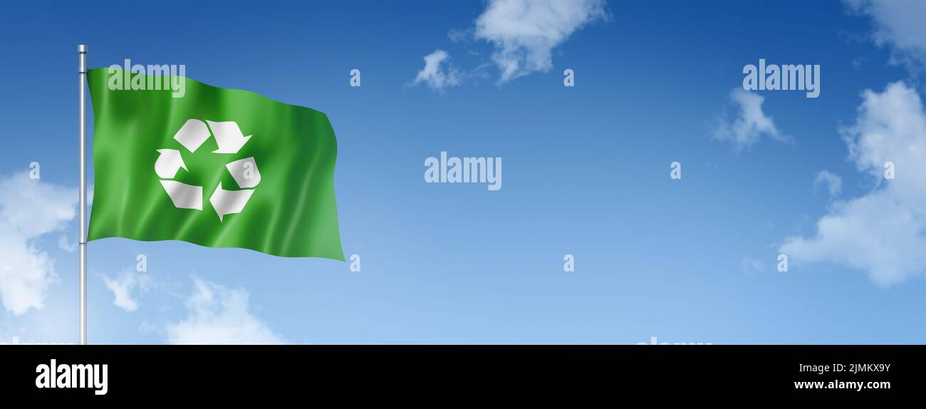 Recycling symbol flag isolated on a blue sky. Horizontal banner Stock ...