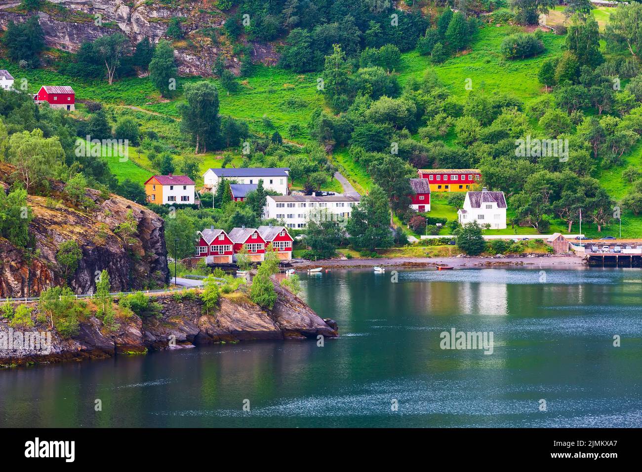 Norway village and fjord landscape in Flam Stock Photo - Alamy
