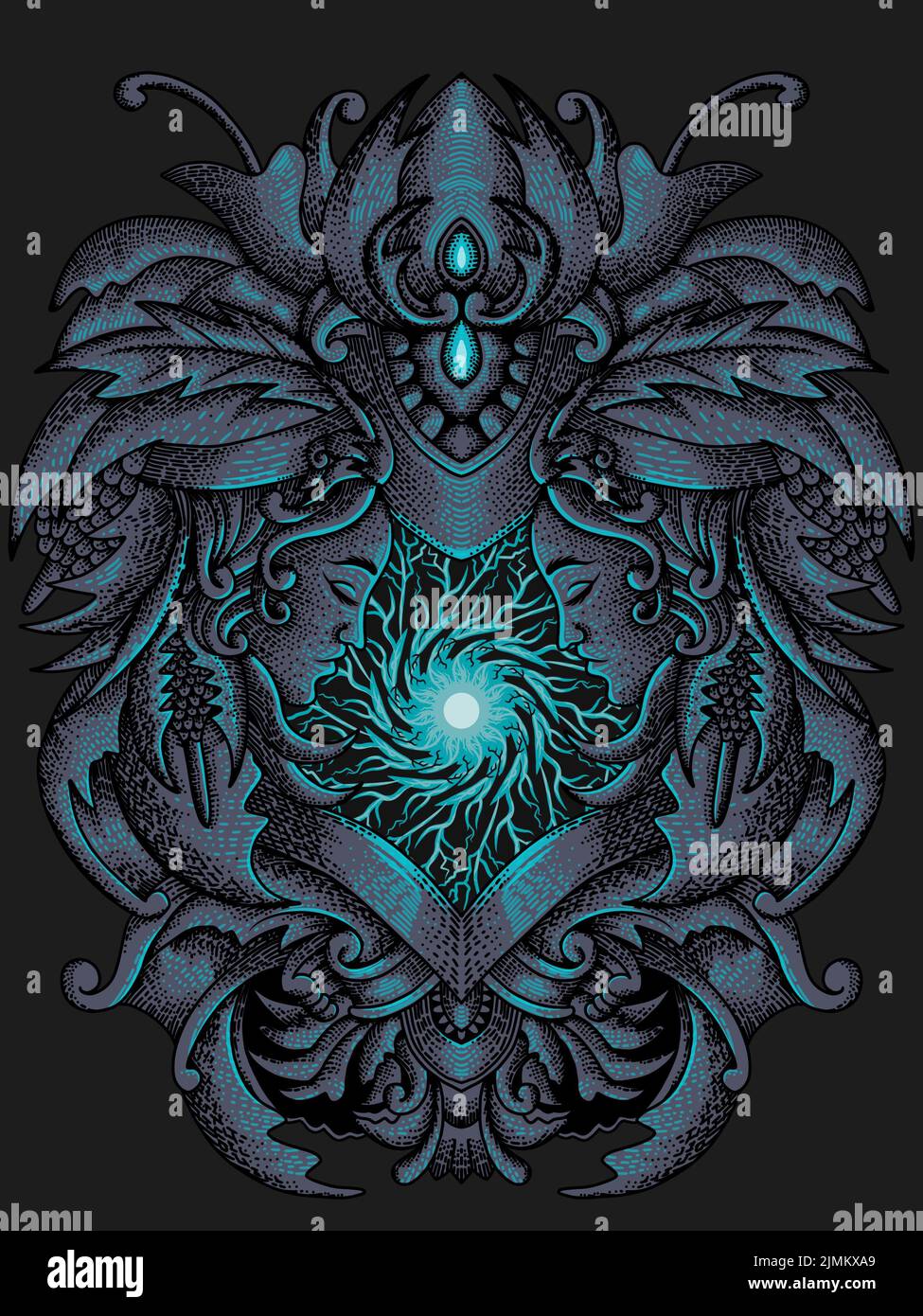 Dark Gemini With Engraving Style Stock Photo - Alamy