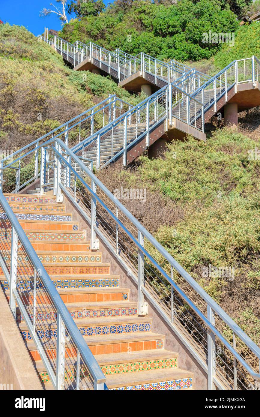 Outdoor stairs with metal railings on a mountain at San Clemente ...