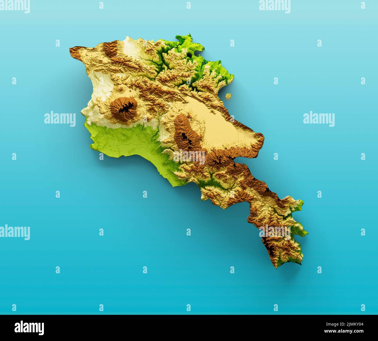 A 3d illustration of the Armenia map with shaded relief on the sea blue ...