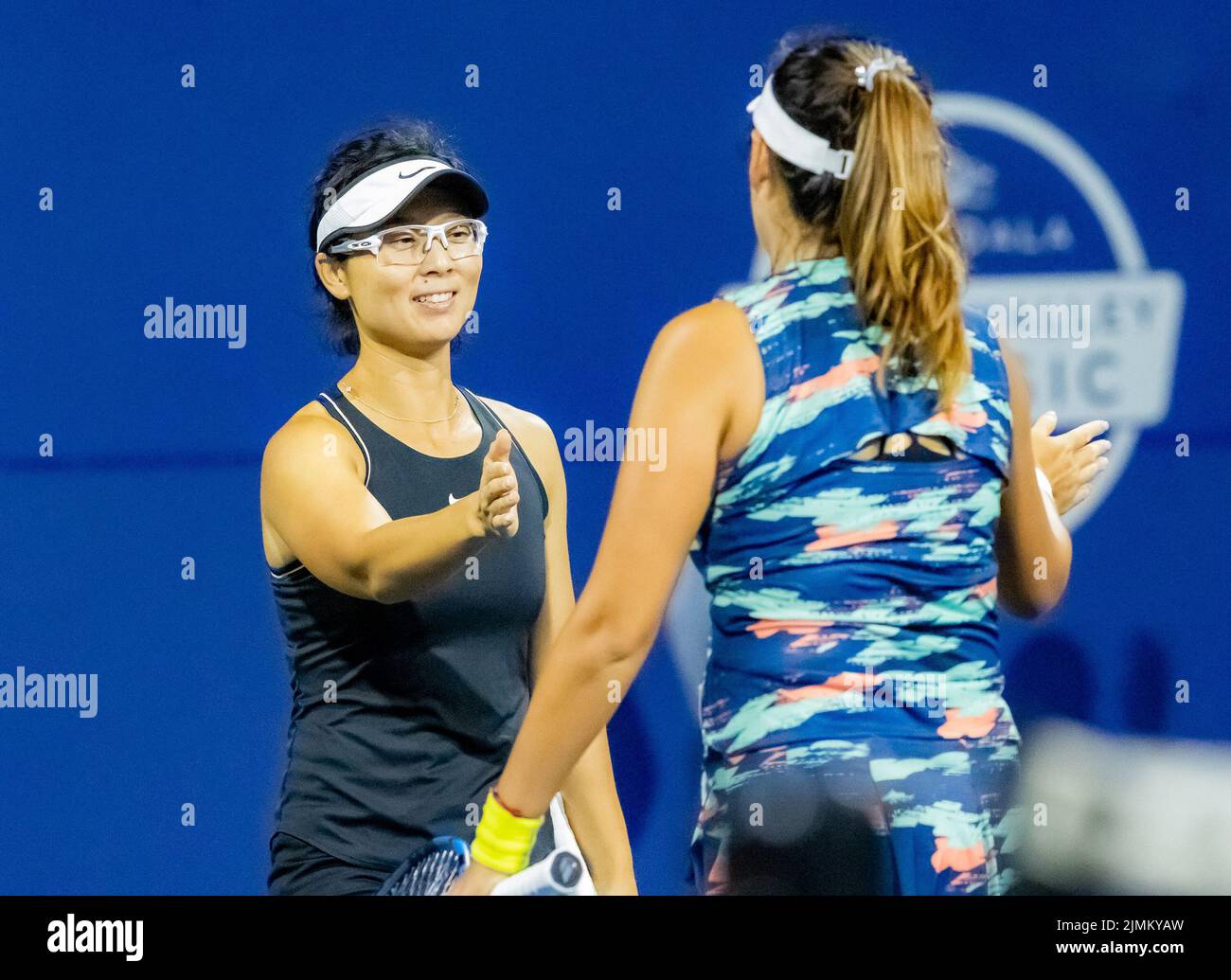 San Jose, USA. 6th Aug, 2022. Xu Yifan (L)/Yang Zhaoxuan react during the women's doubles ...