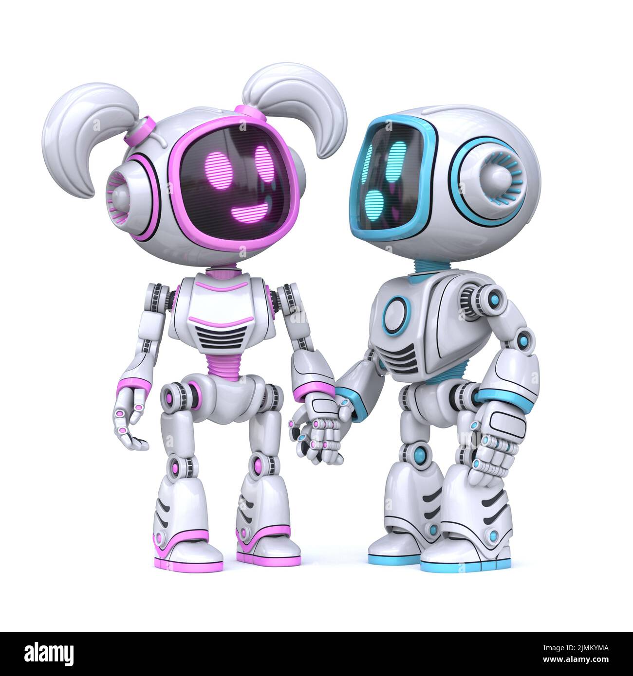 Cute pink girl and blue boy robots holding hands 3D Stock Photo - Alamy