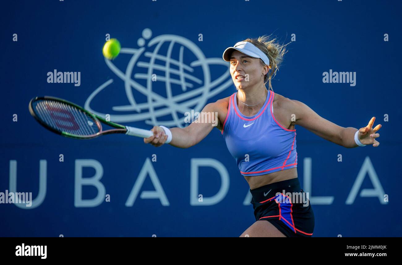 August 06, 2022 San Jose, CA USA Paula Badosa returns the ball during ...