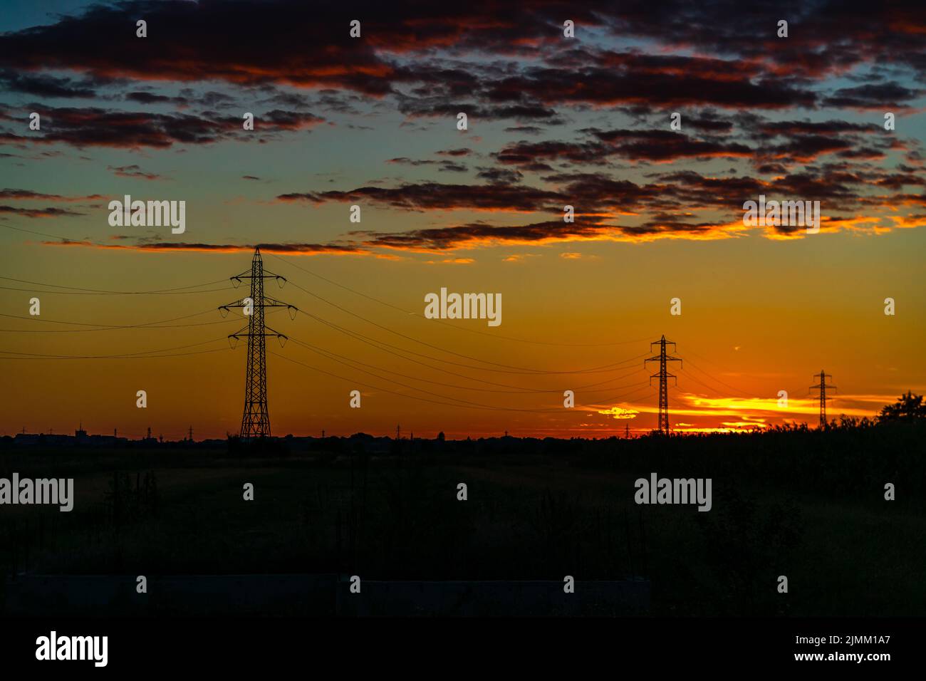 Detail of electric pole with electric cables and crop fields Stock ...