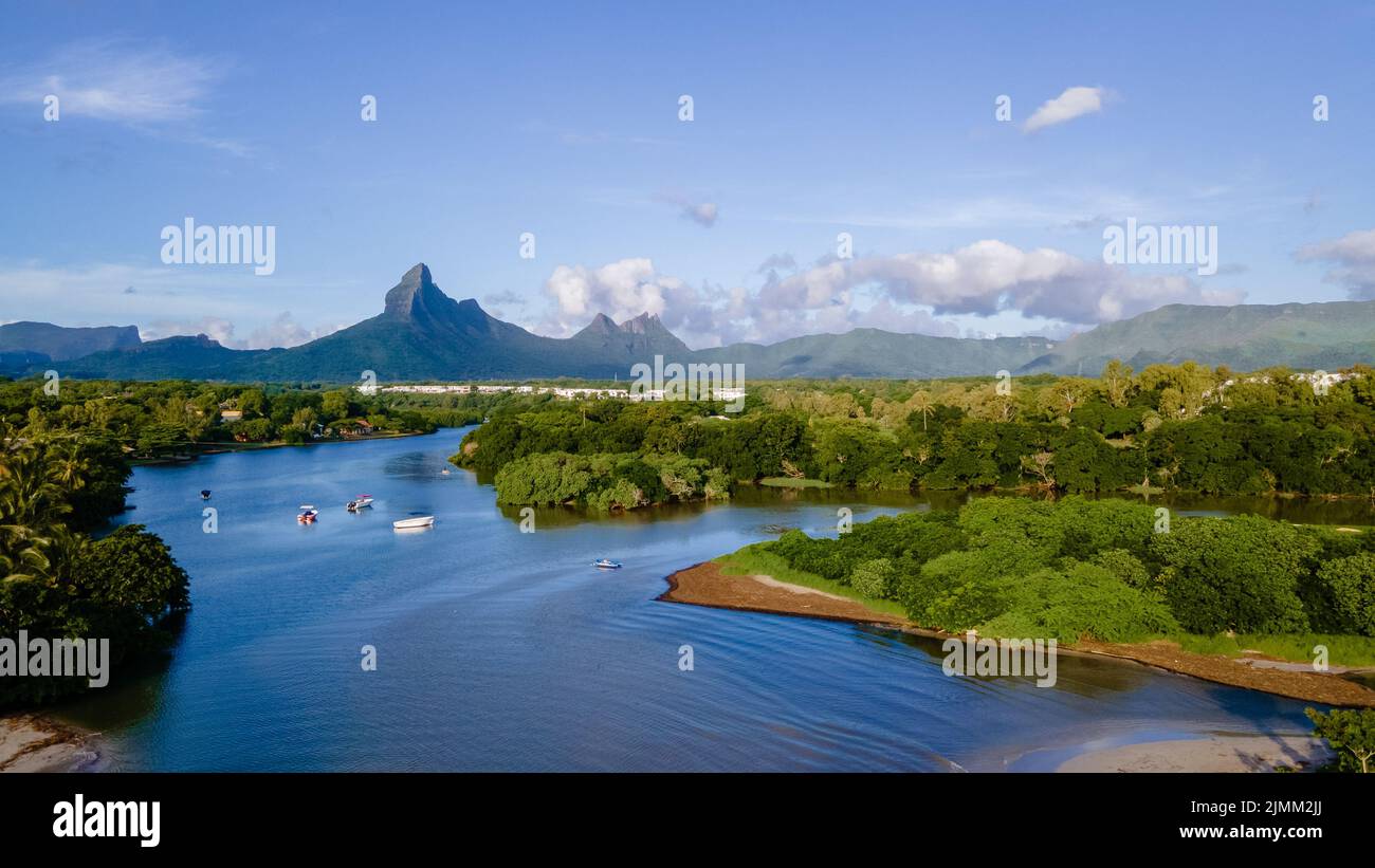 Fishing boats resting at tamarin bay, mauritius island, indian ocean ...