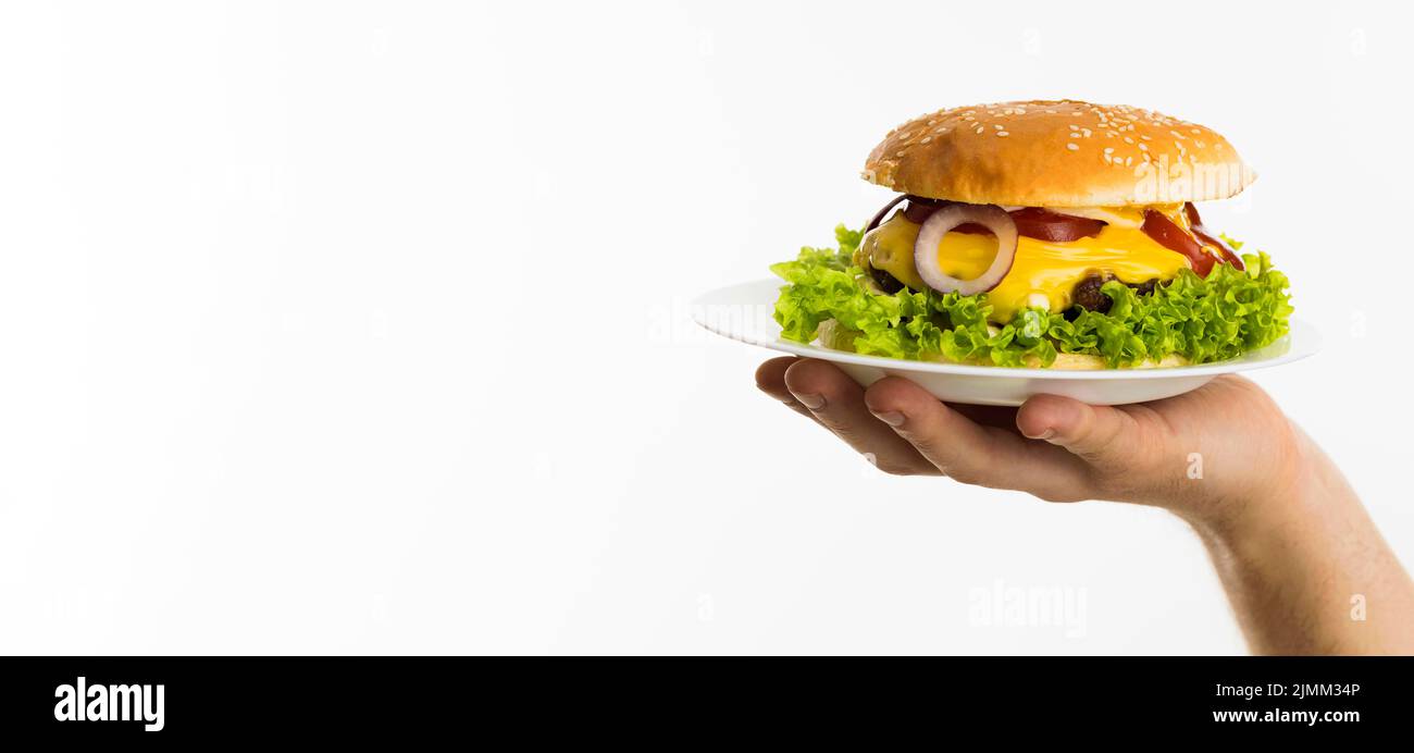 Hand holding burger plate with copy space Stock Photo - Alamy