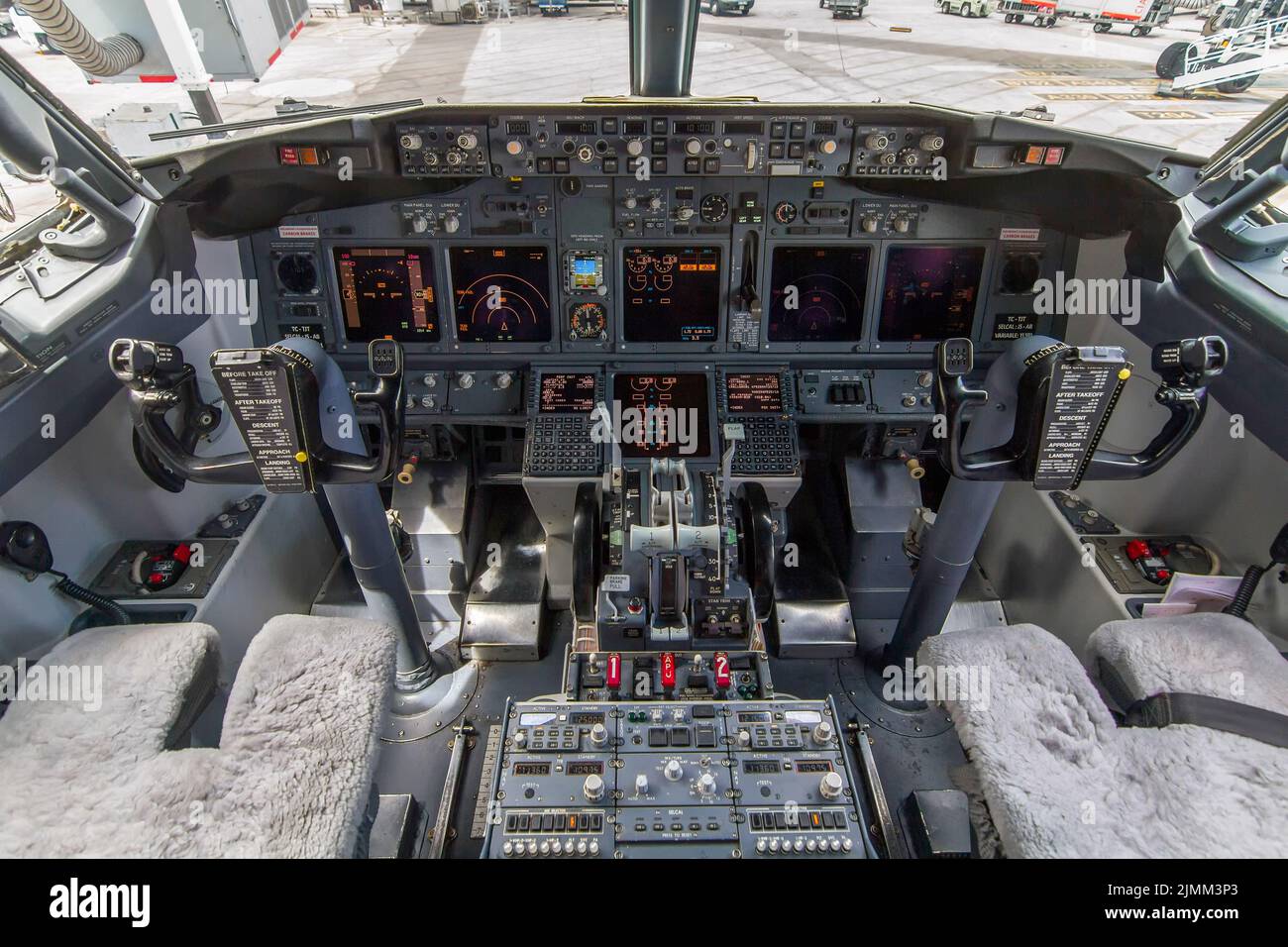 A view of the cockpit of a large commercial airplane a cockpit ...