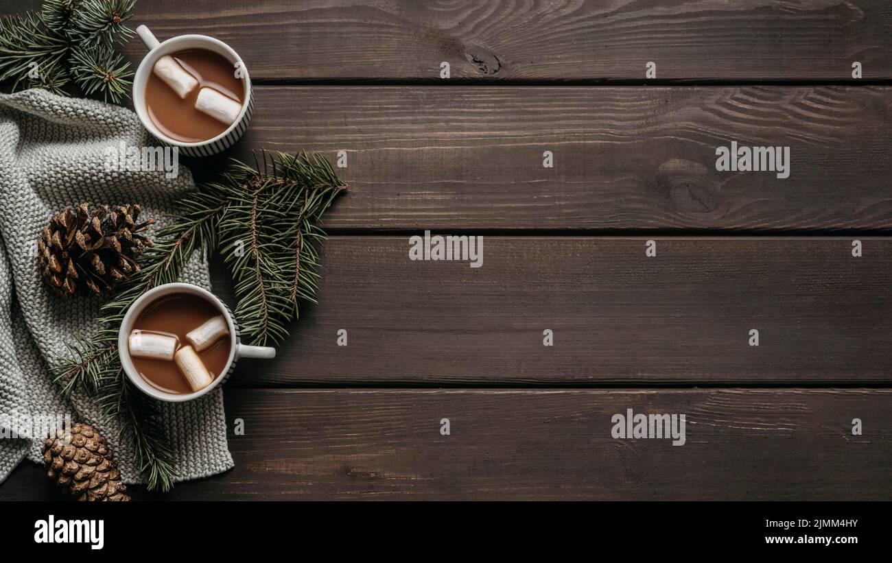 Hot chocolate with marshmallow top view with copy space hi-res stock ...