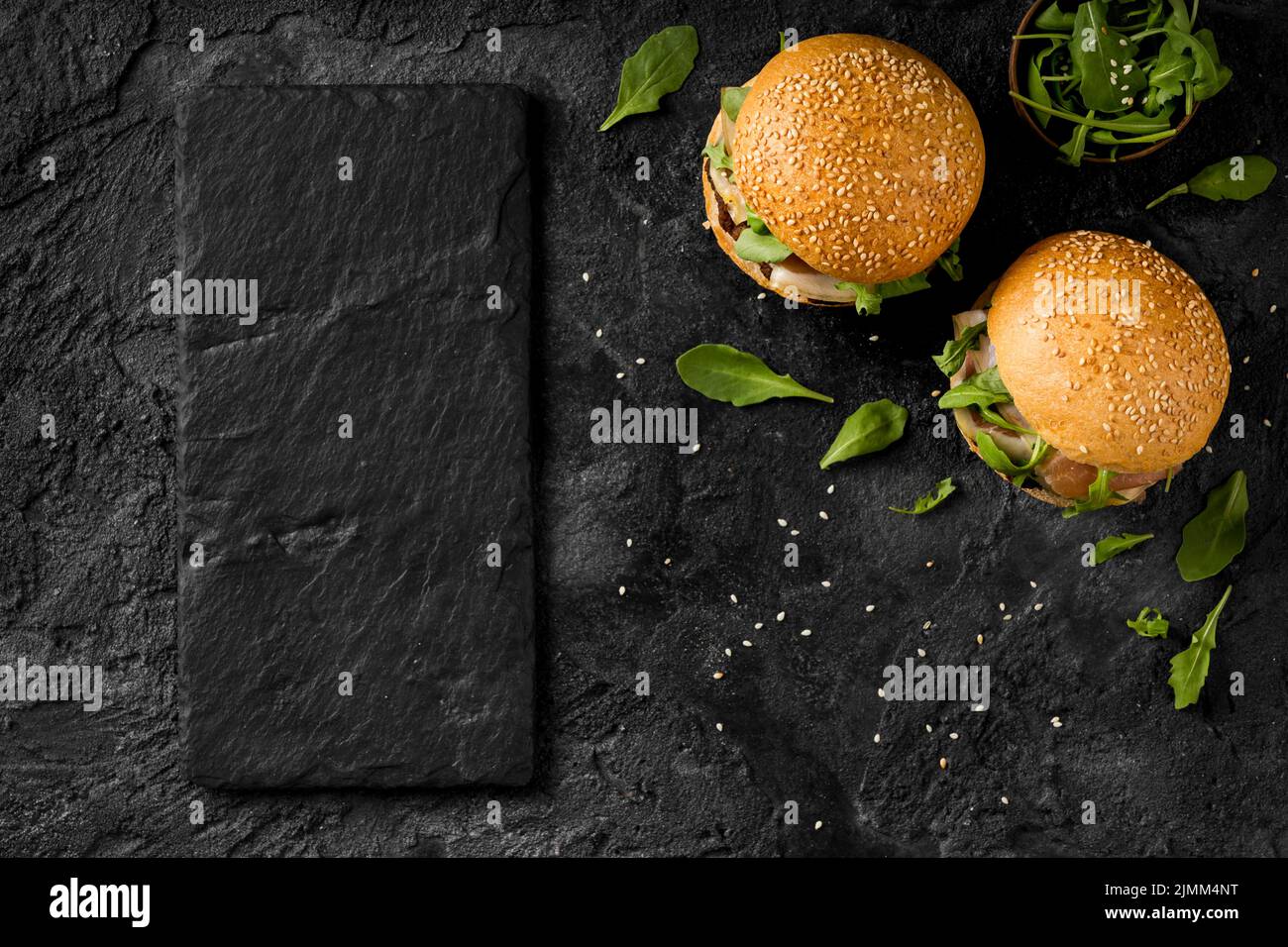 Top view burgers counter with copy space Stock Photo - Alamy
