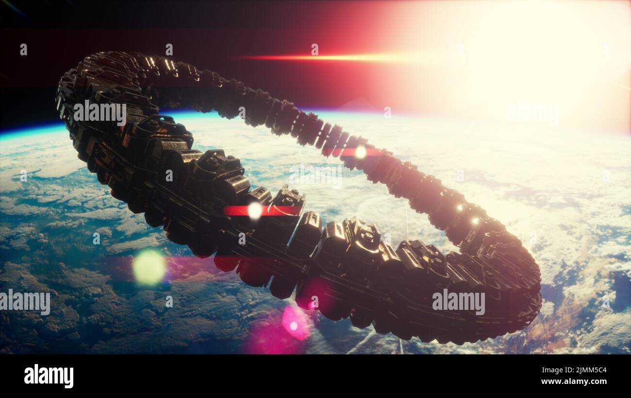 Highly detailed huge spaceship approaching to the Earth Stock Photo - Alamy