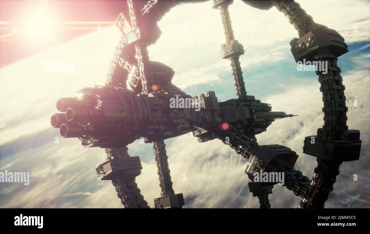 Highly detailed huge spaceship approaching to the Earth Stock Photo - Alamy