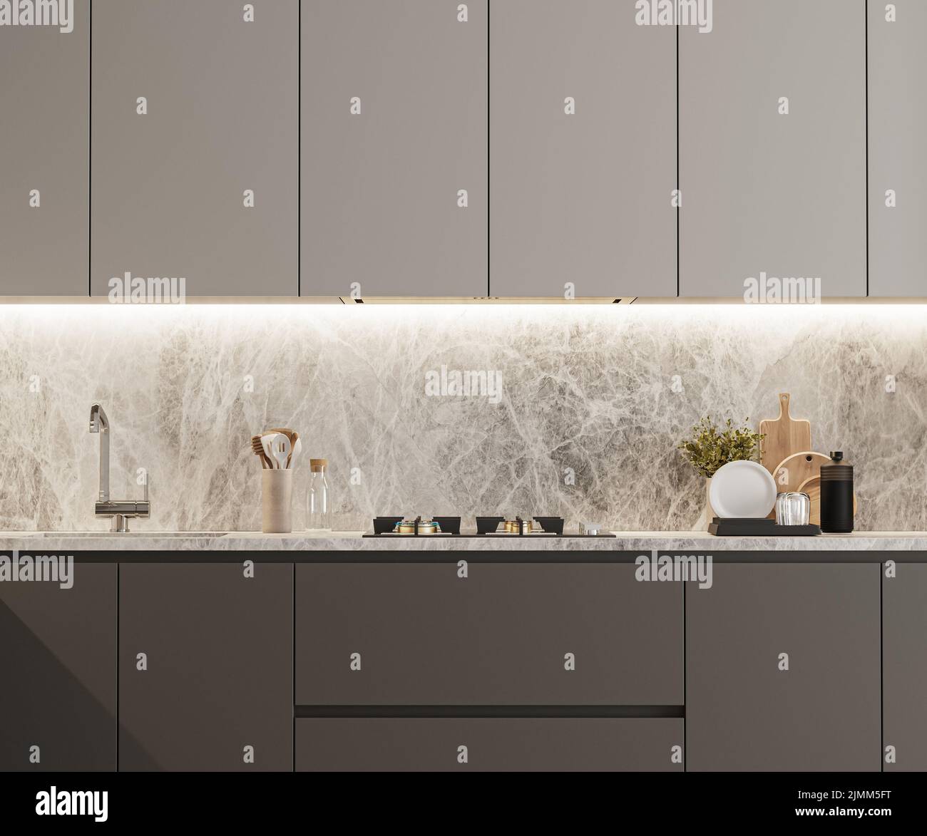 Kitchen cabinets in gray color, modern kitchen interior, 3d render ...
