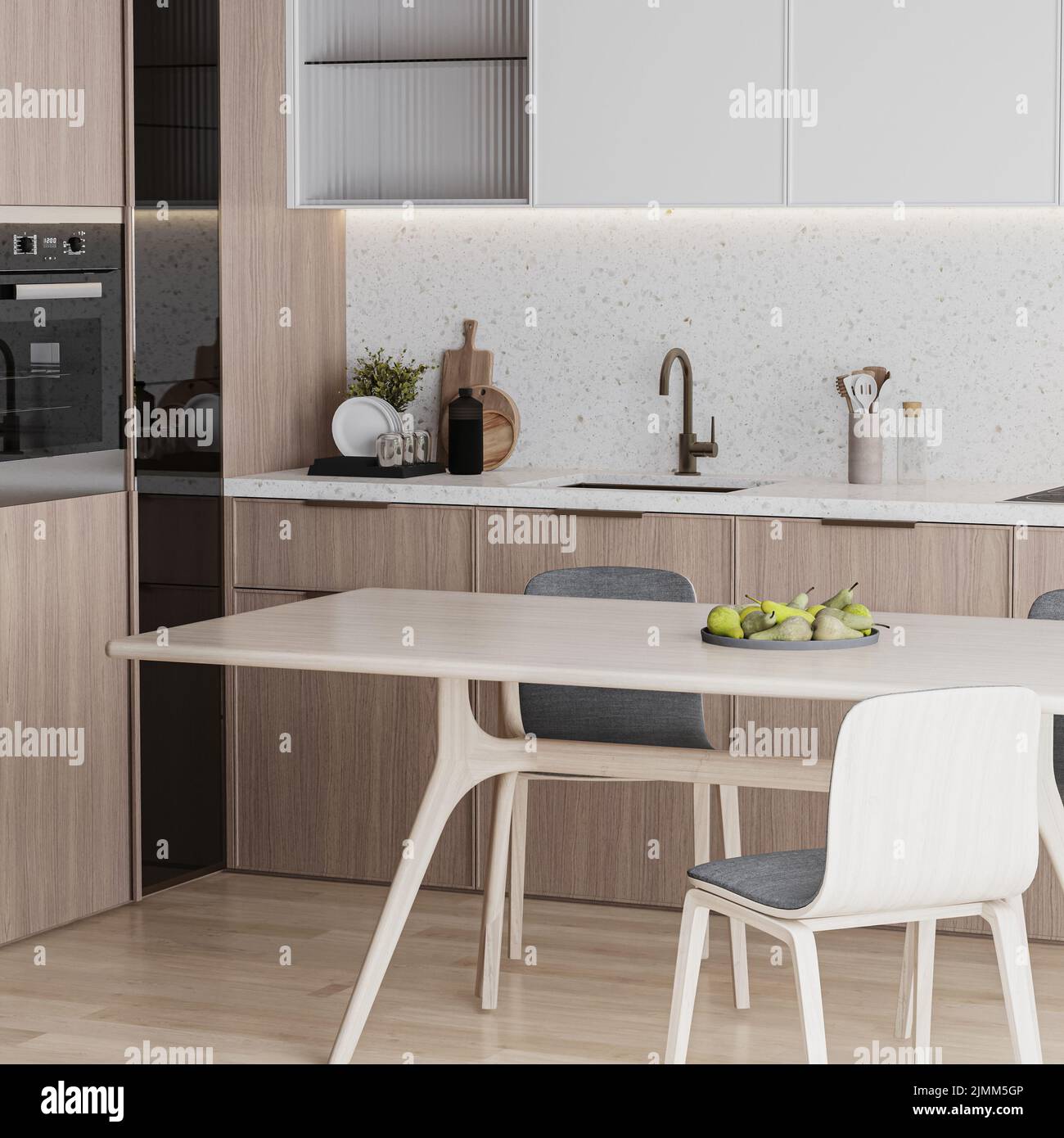 Close up of modern kitchen interior with built-in stove, kitchen ...