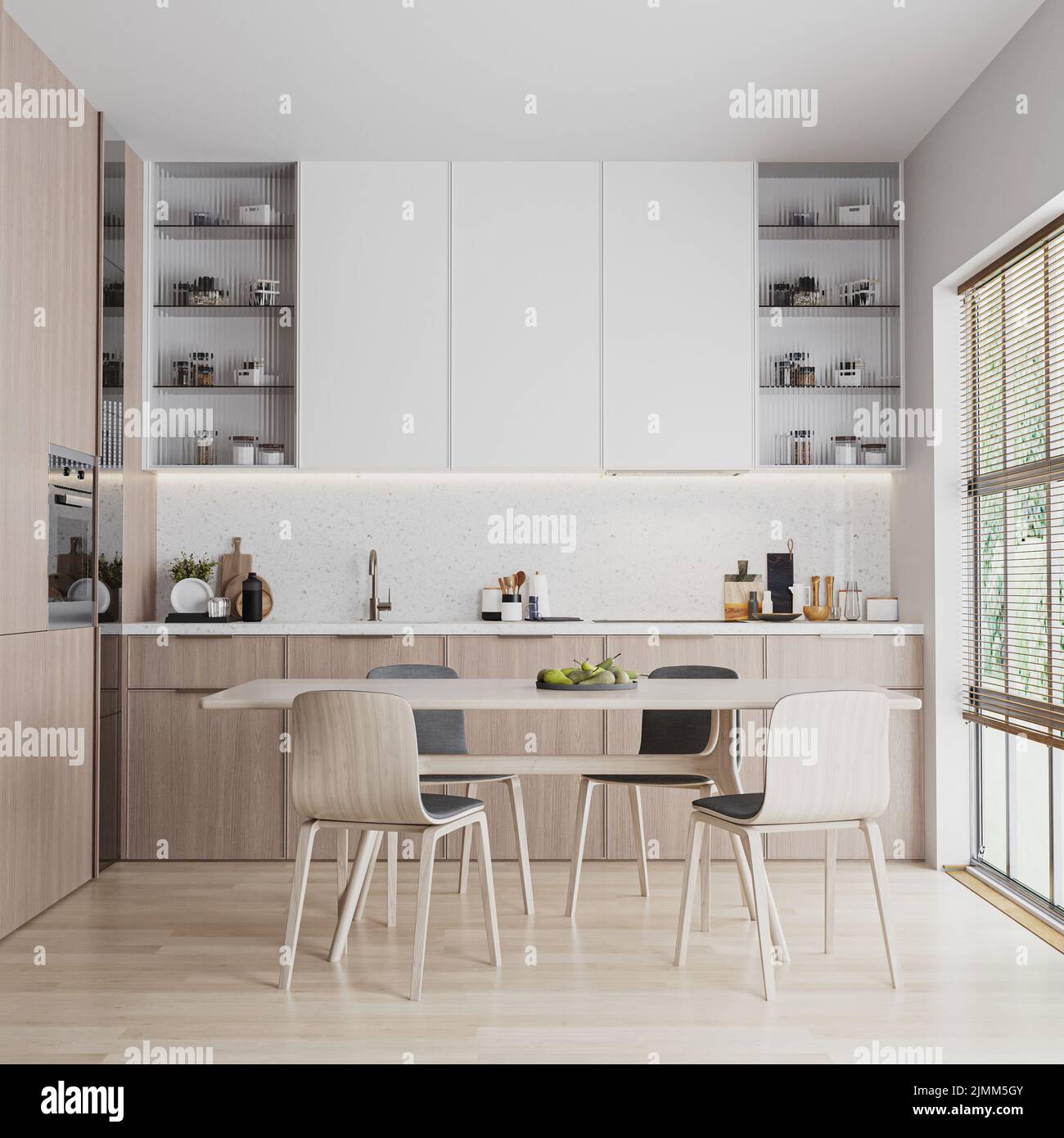 Modern wood and tile kitchen interior, dinning table and garden view ...