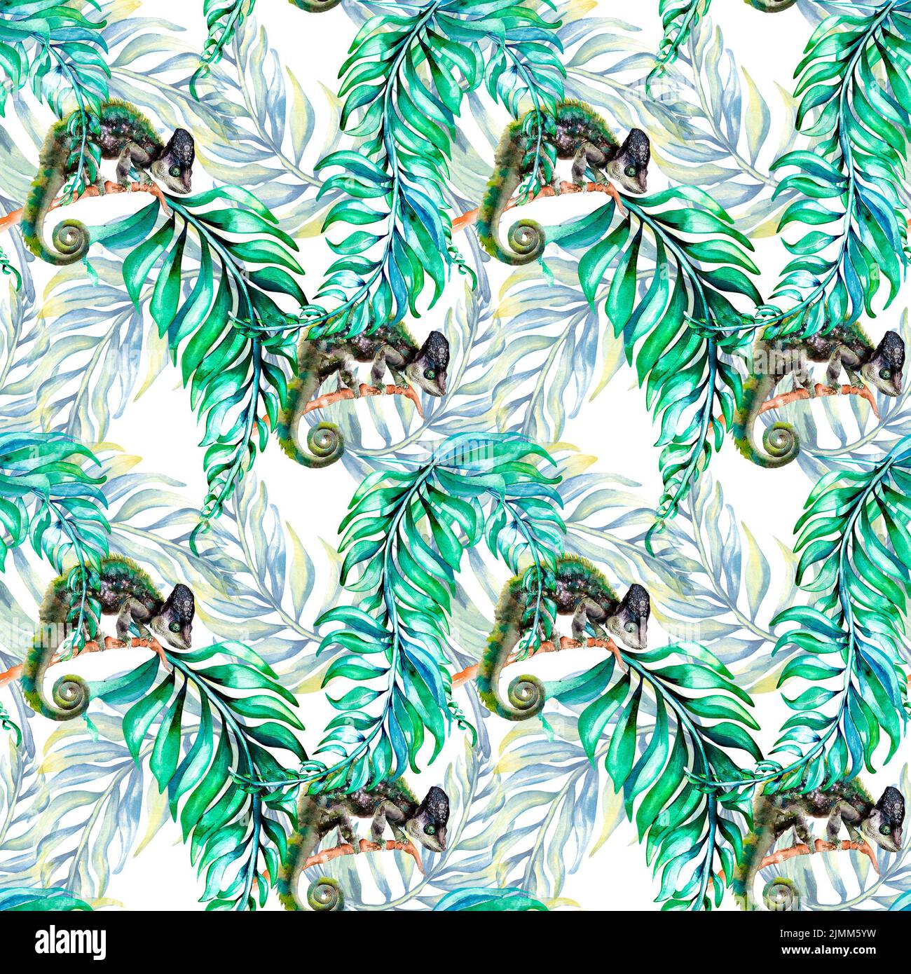 Chameleon on palm leaves ornate pattern watercolor illustration ...