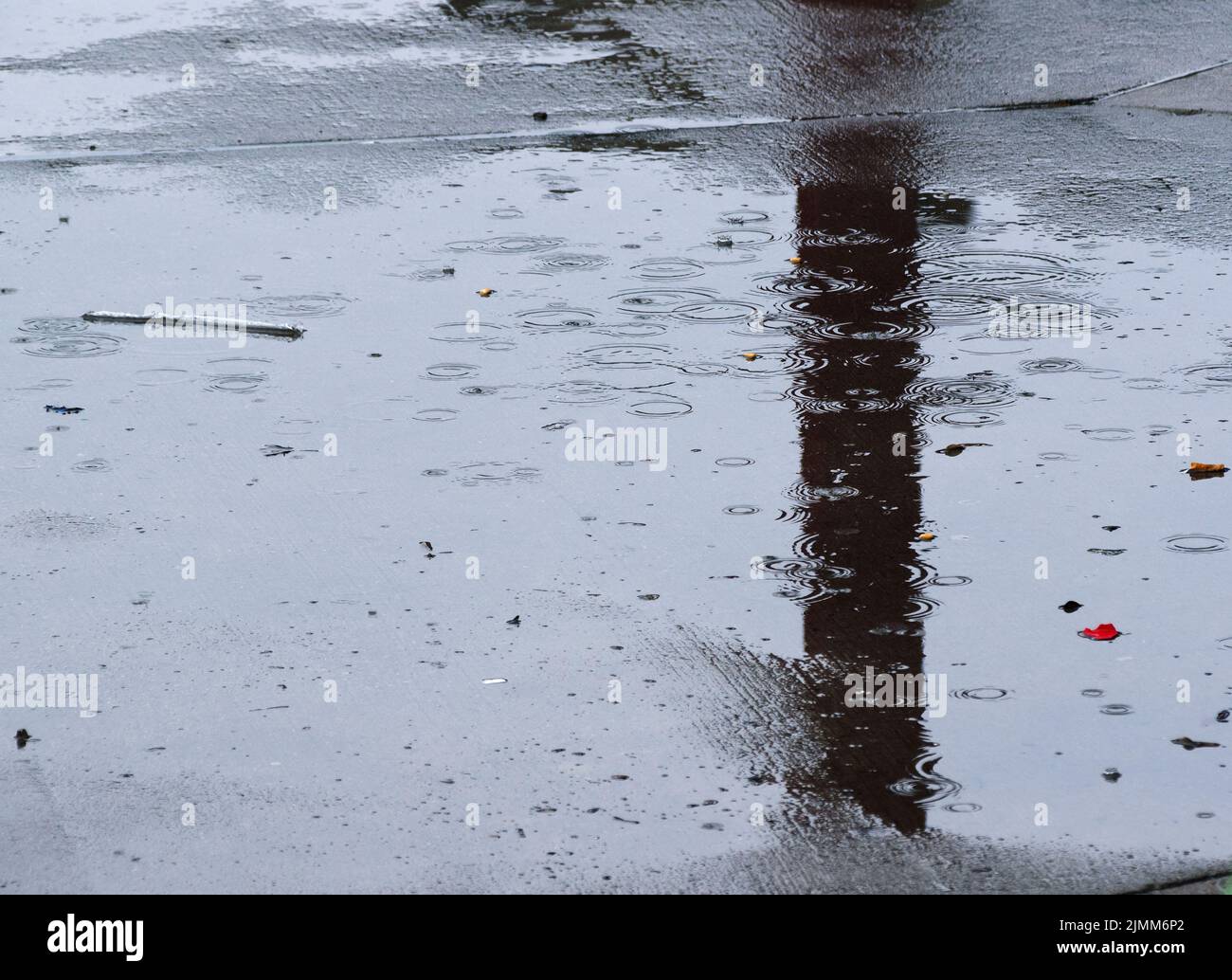 The wet ground with the reflection of a pole on the street on a rainy ...